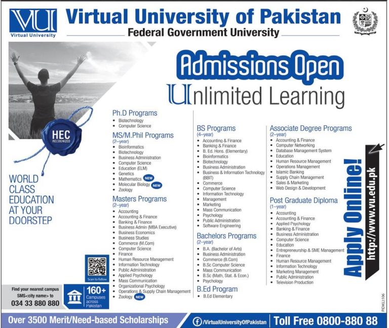 Virtual University Of Pakistan VU Spring Admission 2025 Last Date Applica