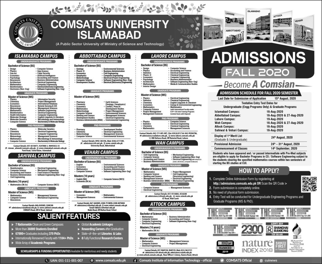 COMSATS Admission Fall 2024 Last Date Online Form, Entry Test, Merit