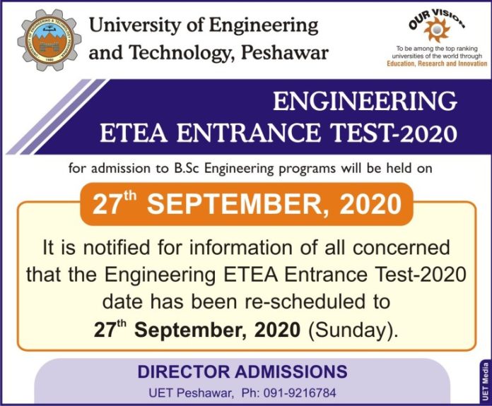 UET Peshawar Entry Test Date 2025 Schedule, Online Registration Form